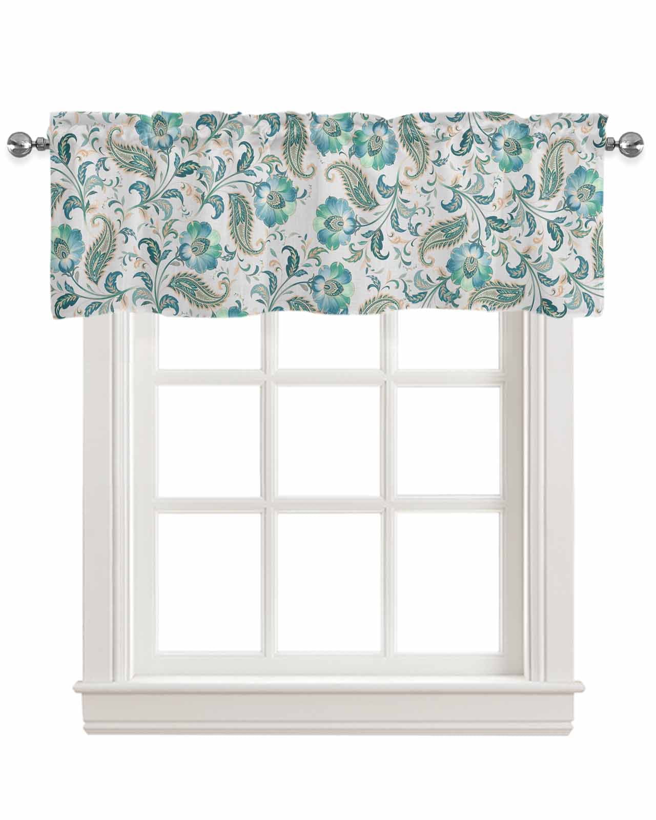 Teal Paisley Floral Kitchen Valances for Windows Farmhouse Linen Window ...