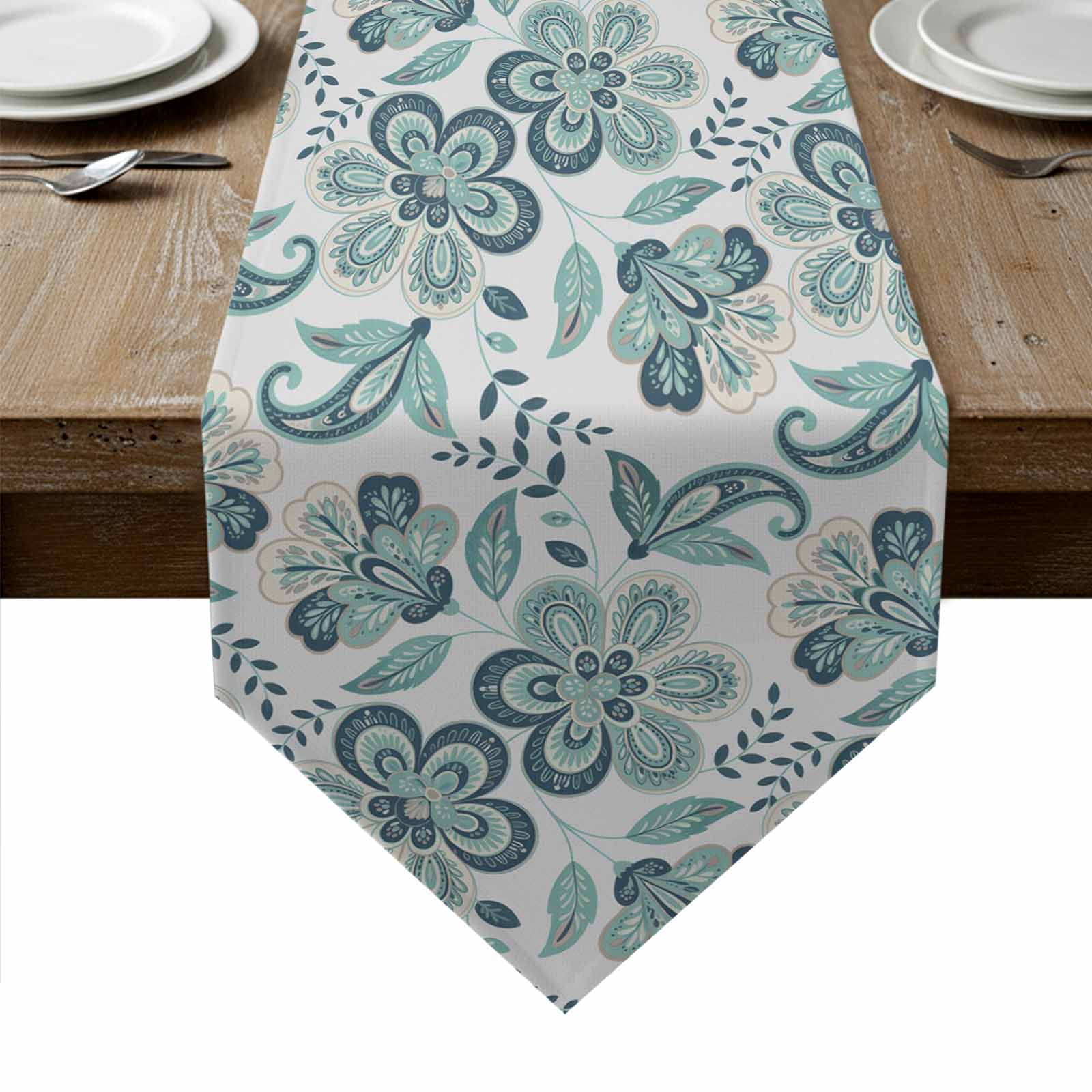 Teal Paisley Floral Table Runner Linen Burlap Table Runner 60 Inches ...