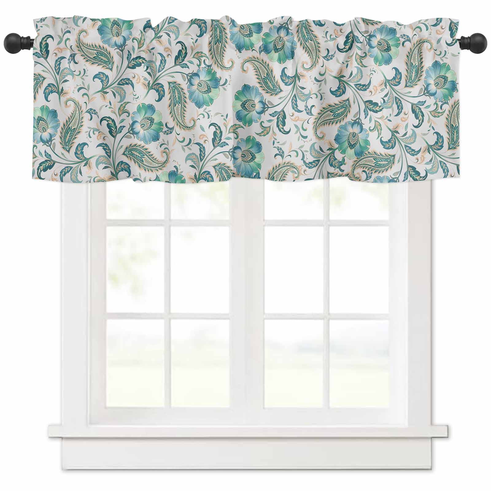 Teal Paisley Floral Valances for Windows Farmhouse Kitchen Curtains ...