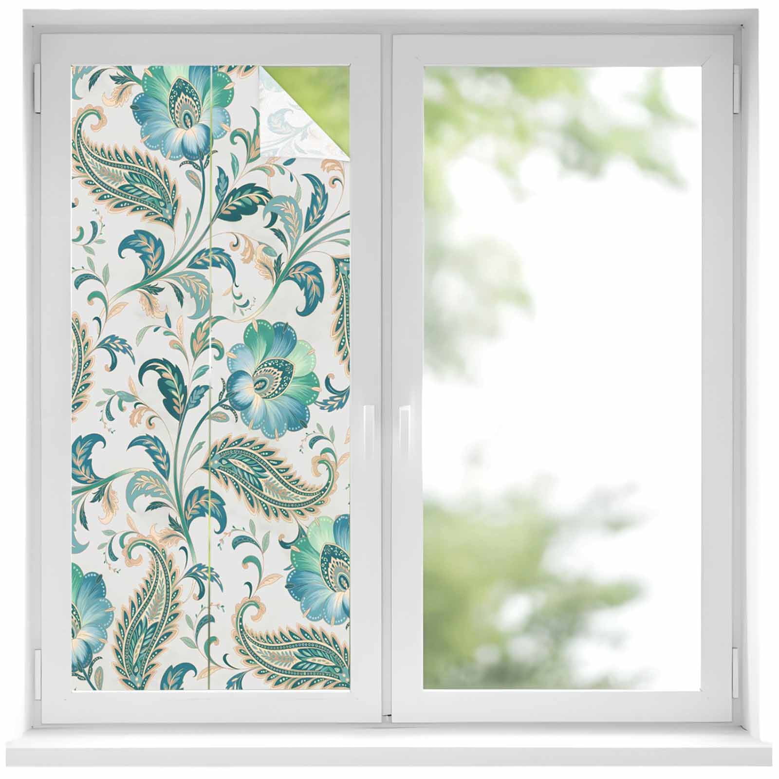 Teal Paisley Floral Window Privacy Film, Boho Ethnic Tribe Traditional ...