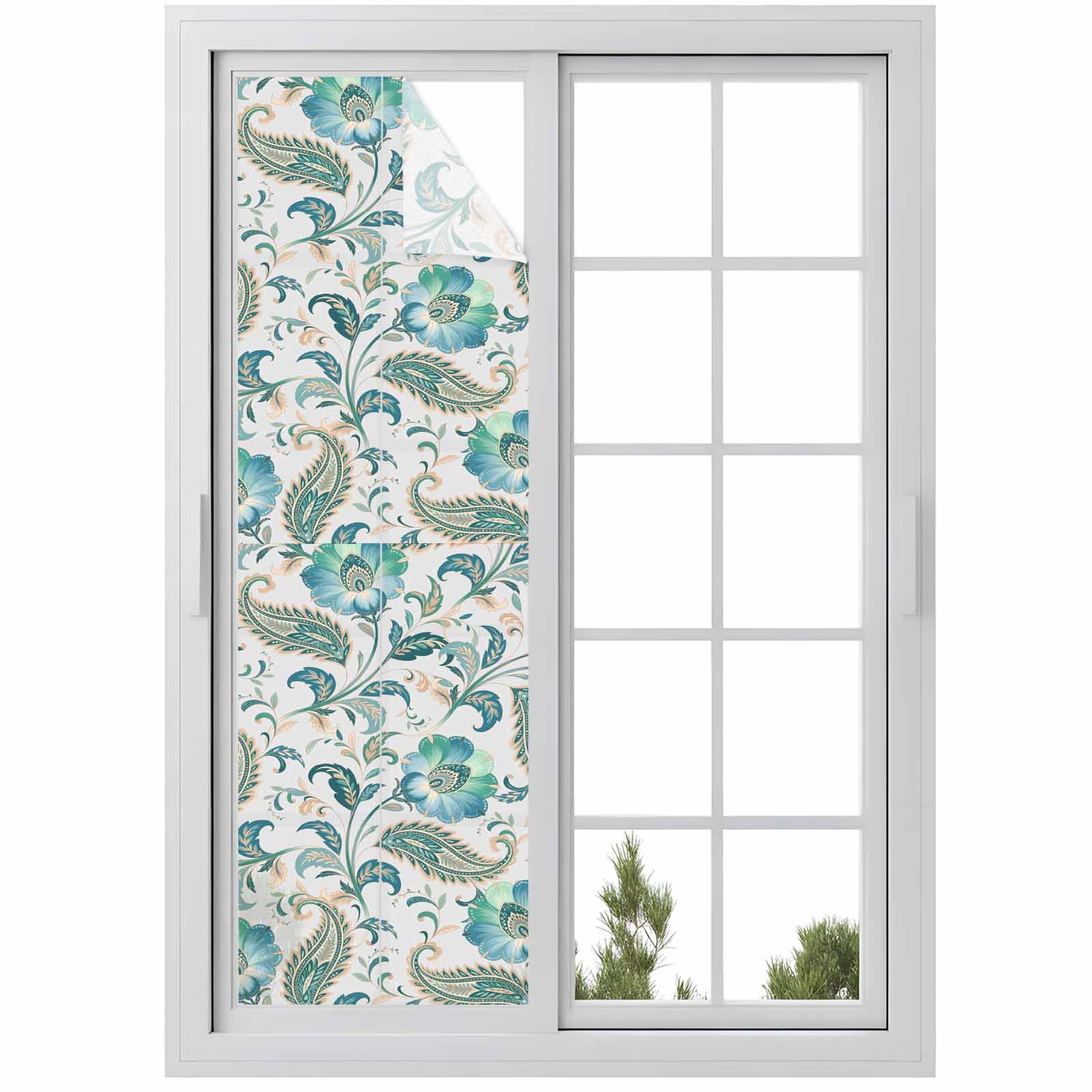 Teal Paisley Floral Window Privacy Film, Boho Ethnic Tribe Traditional ...