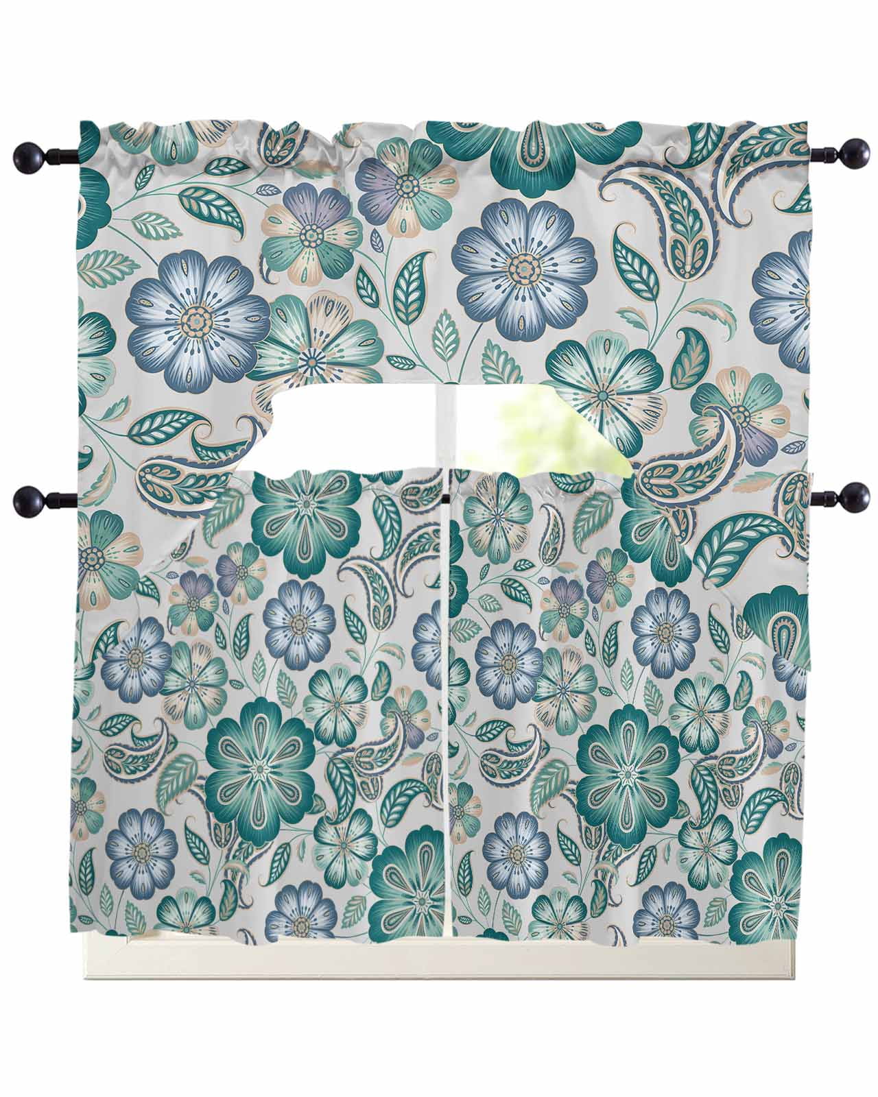 Teal Paisley Pattern Kitchen Curtains Sets 24 Inch Length with Valance ...