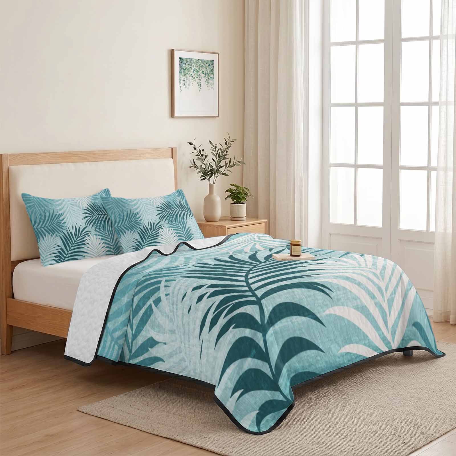 Teal Palm Leaf 3 Pieces Quilt Set,1 Quilt with 2 Shams,Tropical Island ...