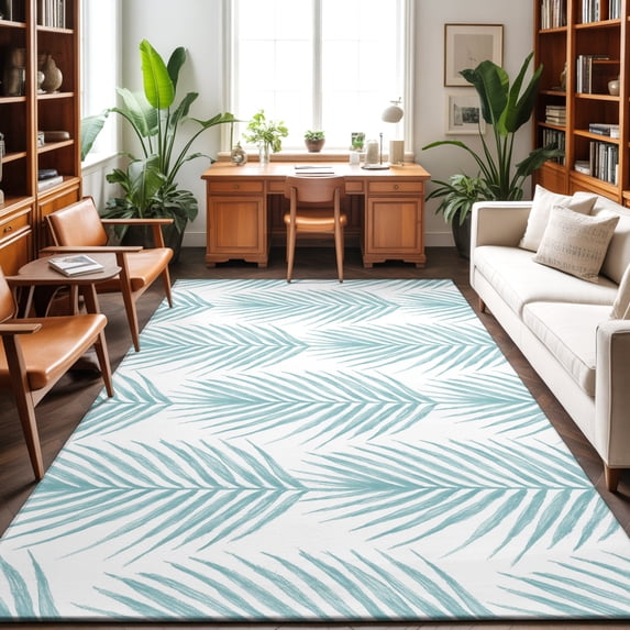 Teal Palm Leaves 4'x6' Rug for Dining Table for 4 People Under Table ...