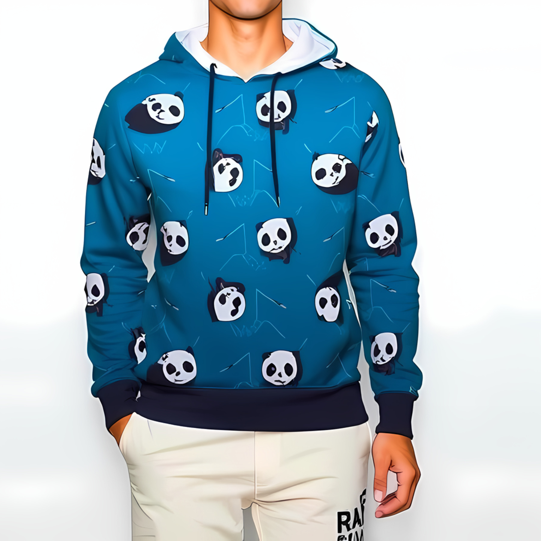 Teal Panda Face 3D Hoodie with White Hood & Accents Casual Stylish ...
