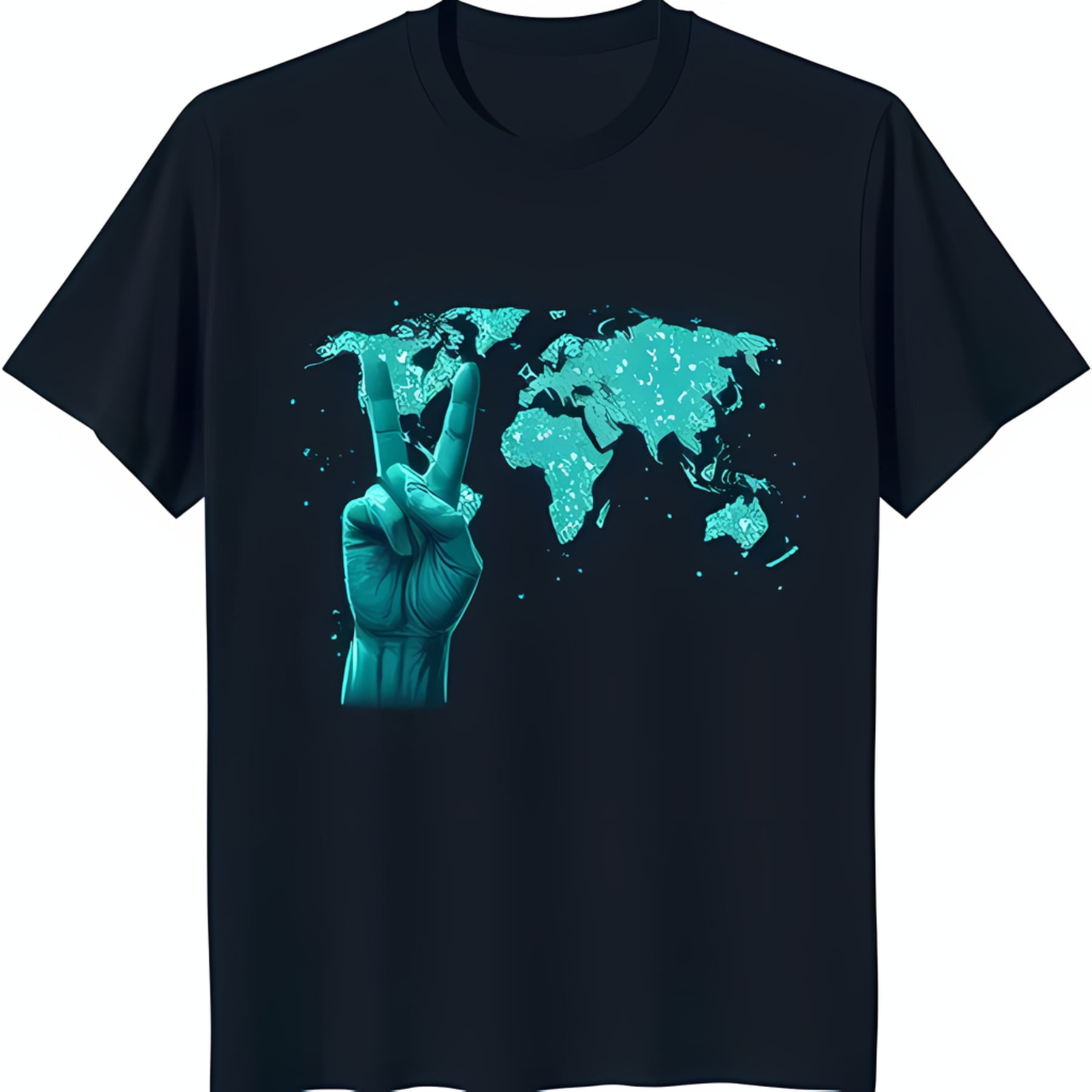 Teal Peace Sign Hand Graphic on Blue World Map Black T-Shirt - Walmart.com
