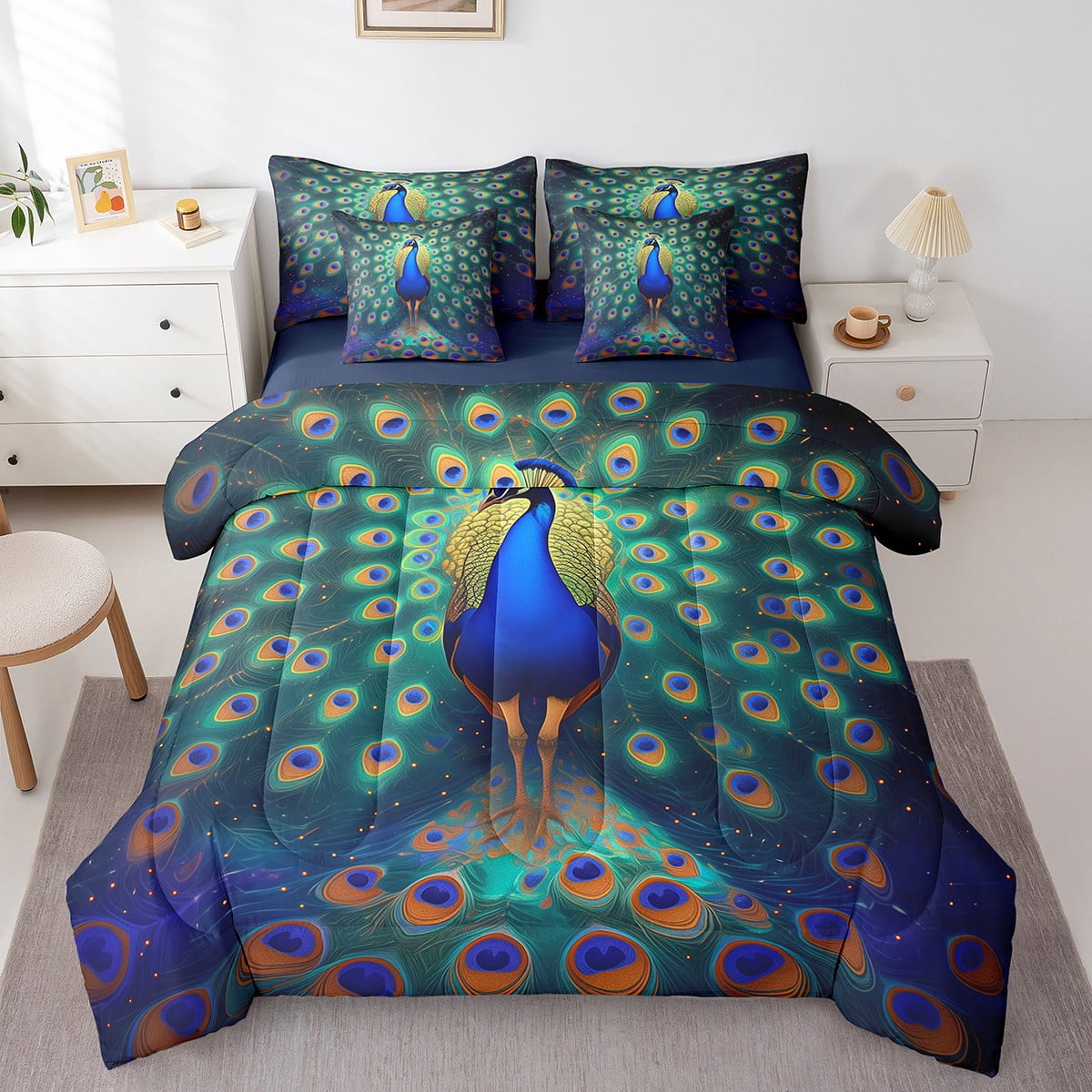 Teal Peacock Bed In A Bag With Sheets,Elegant Bird Animal Bedding Set Women,Boho Magical ...