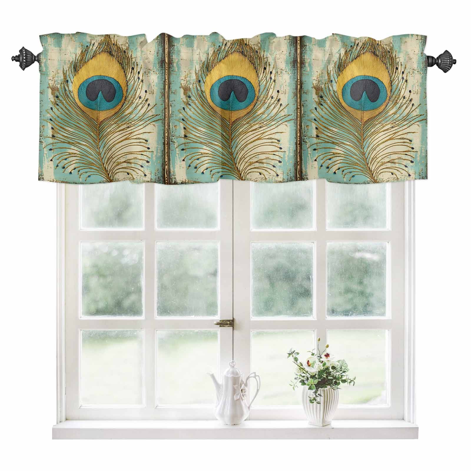 Teal Peacock Feathers Kitchen Valances for Windows 60x18 Inch Kitchen ...