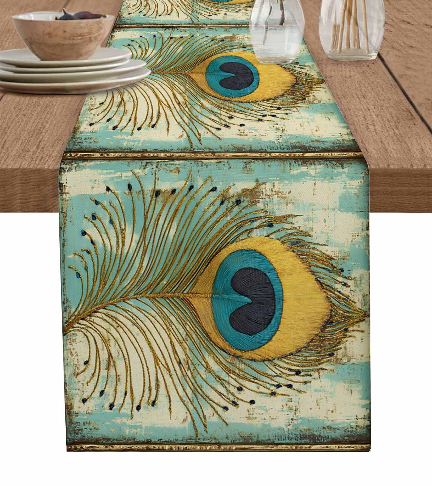 Teal Peacock Feathers Table Runner 108 Inches, Retro Abstract Art ...