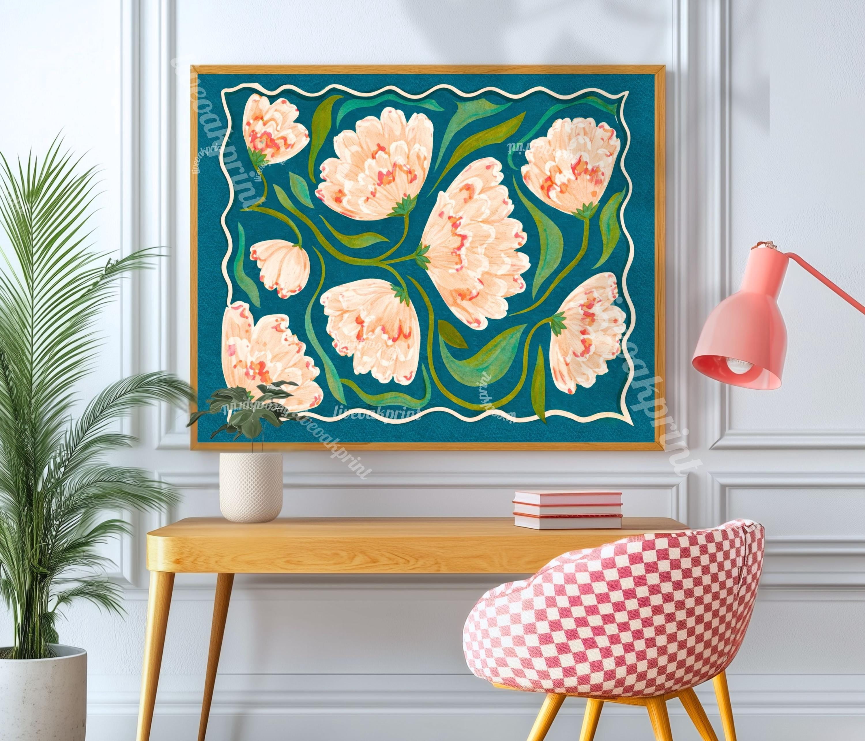Teal Peony Print Horizontal Greenblue Floral Wall Art Above Couch Decor ...