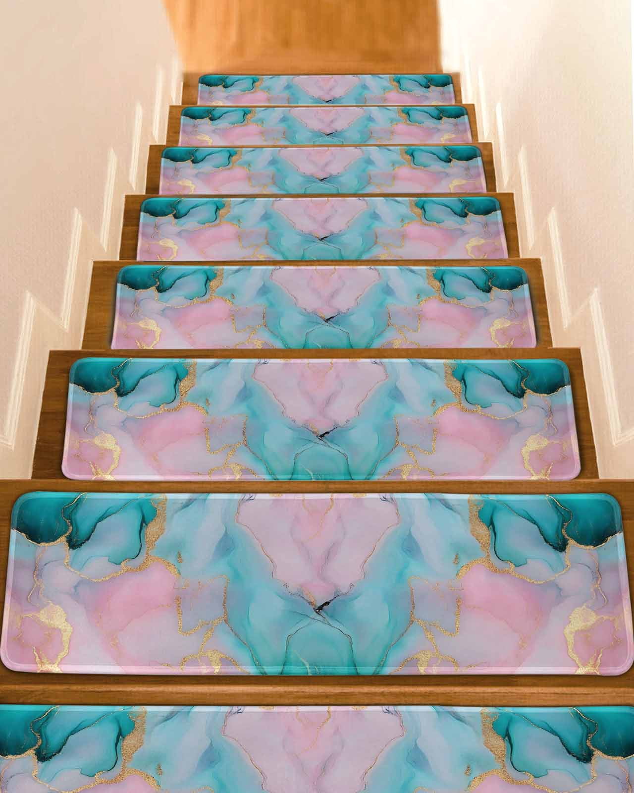 Teal Pink Marble Non-Slip Stair Treads for Wooden Steps, 10 Pack-8x30in ...