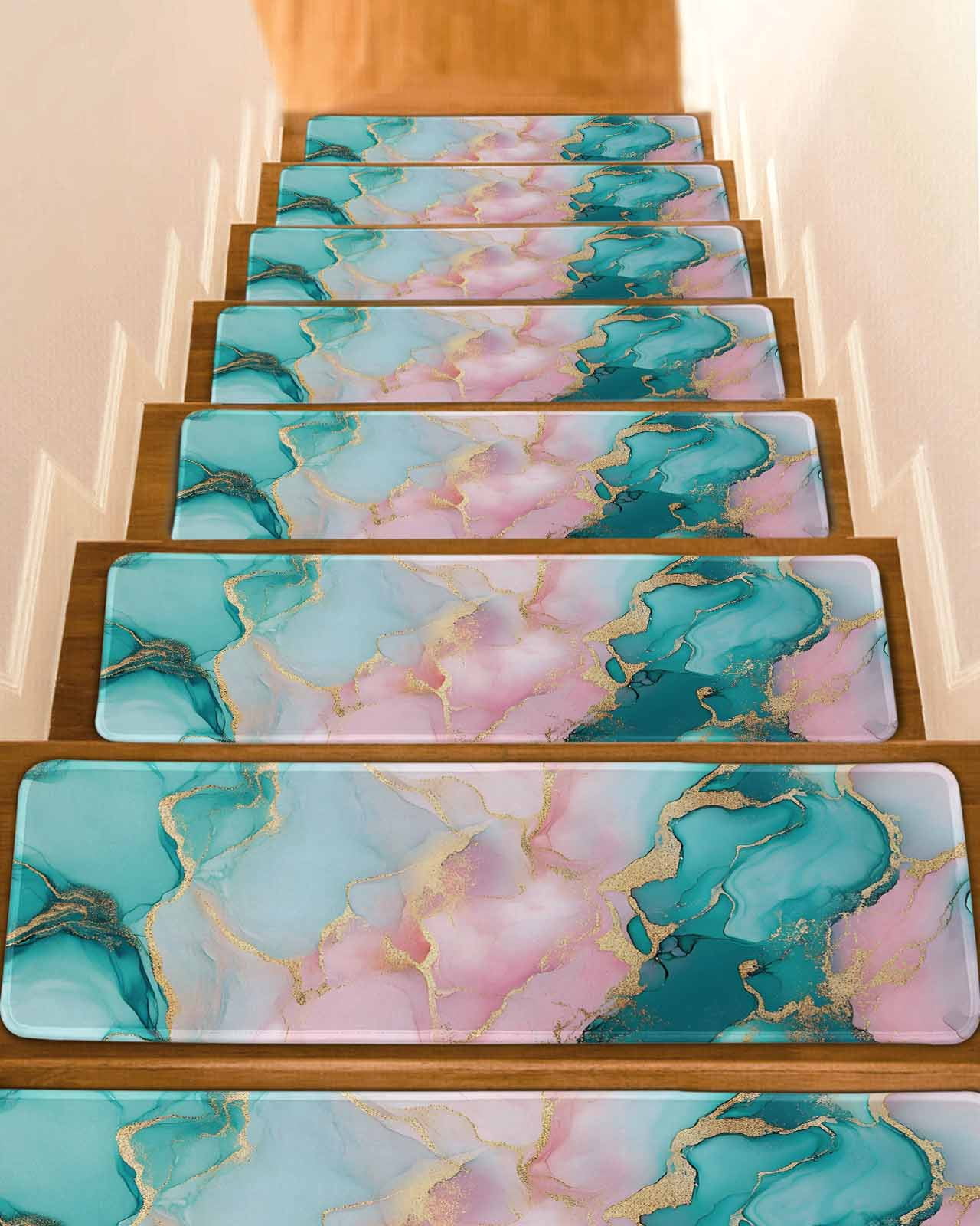 Teal Pink Marble Non-Slip Stair Treads for Wooden Steps, 15 Pack-8x30in ...