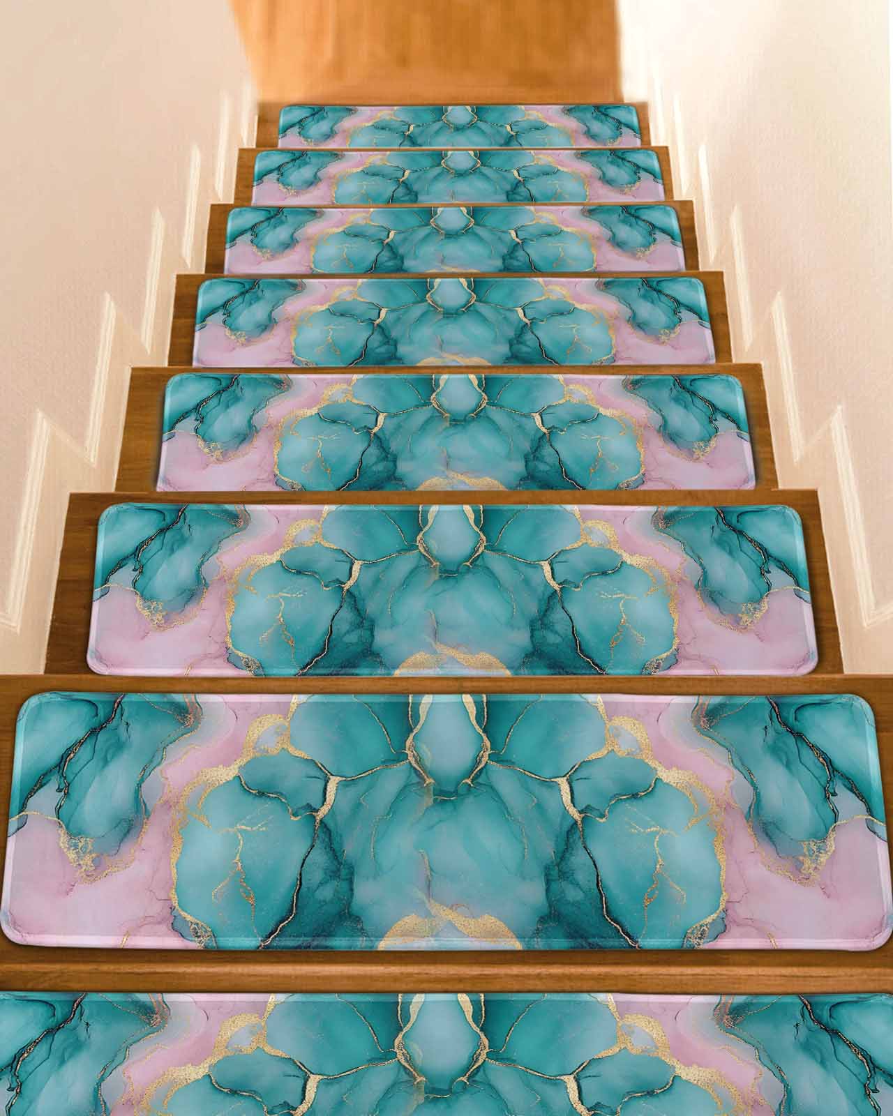 Teal Pink Marble Non-Slip Stair Treads for Wooden Steps, 15 Pack-8x30in ...