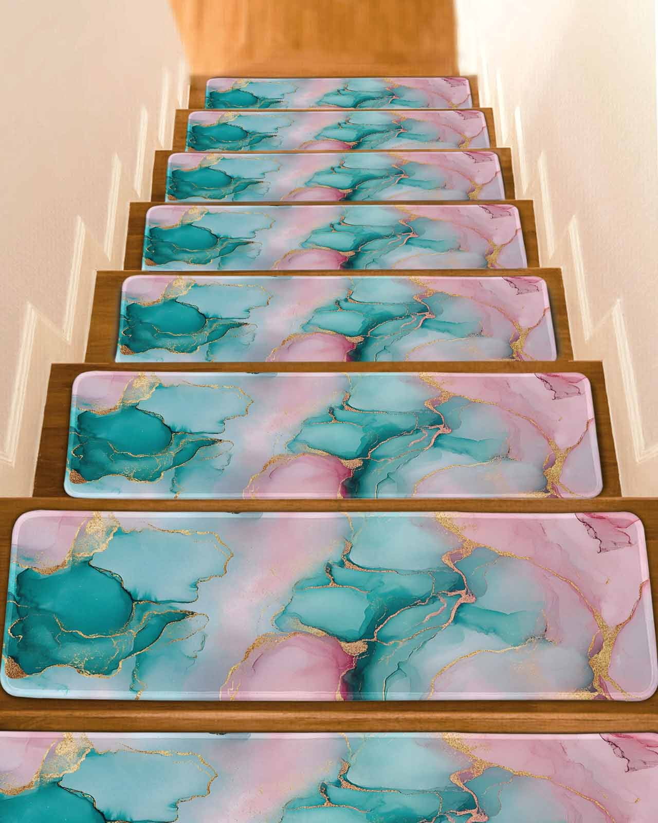 Teal Pink Marble Non-Slip Stair Treads for Wooden Steps, 15 Pack-8x30in ...