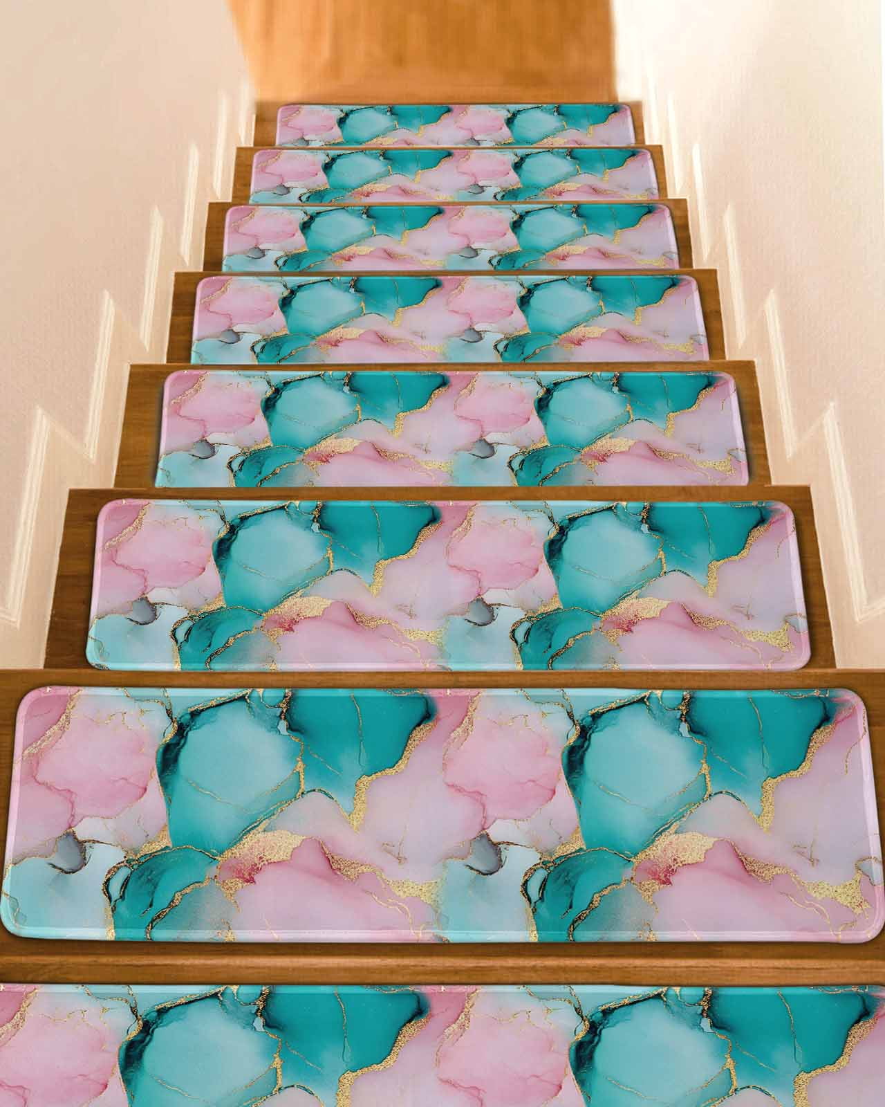 Teal Pink Marble Non-Slip Stair Treads for Wooden Steps, 7 Pack-8x30in ...