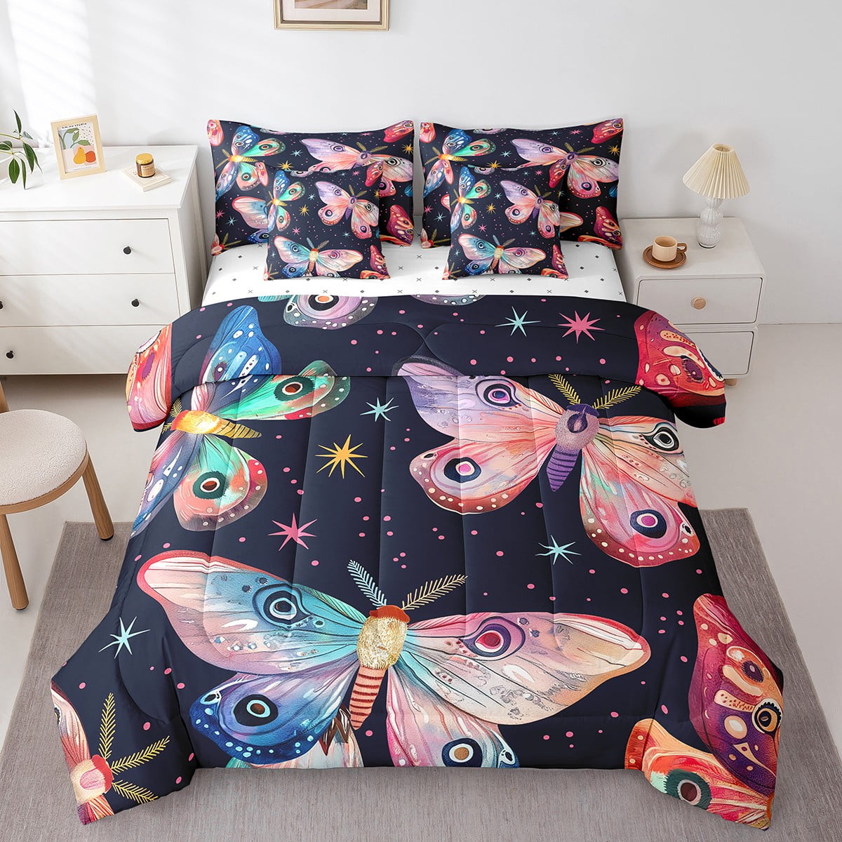 Teal Pink Moth Bed in a Bag King Size Comforter Set 7 Pieces,Rustic ...