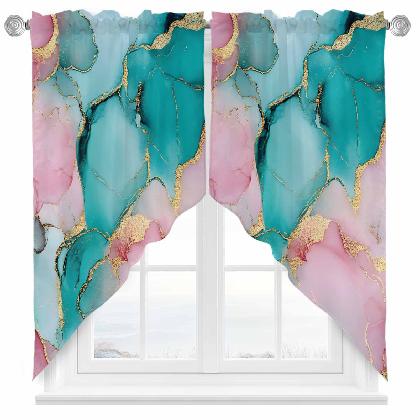 Teal Pink Swag Curtain Valance for Windows, Gold Marble Modern Abstract ...