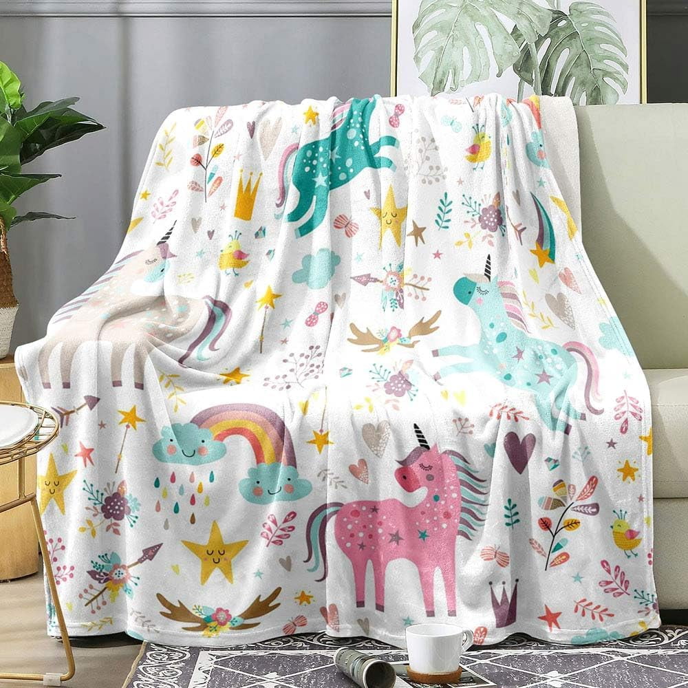 Teal Pink Unicorn Throw Blanket, Cartoon Star Colorful Floral Rainbow ...