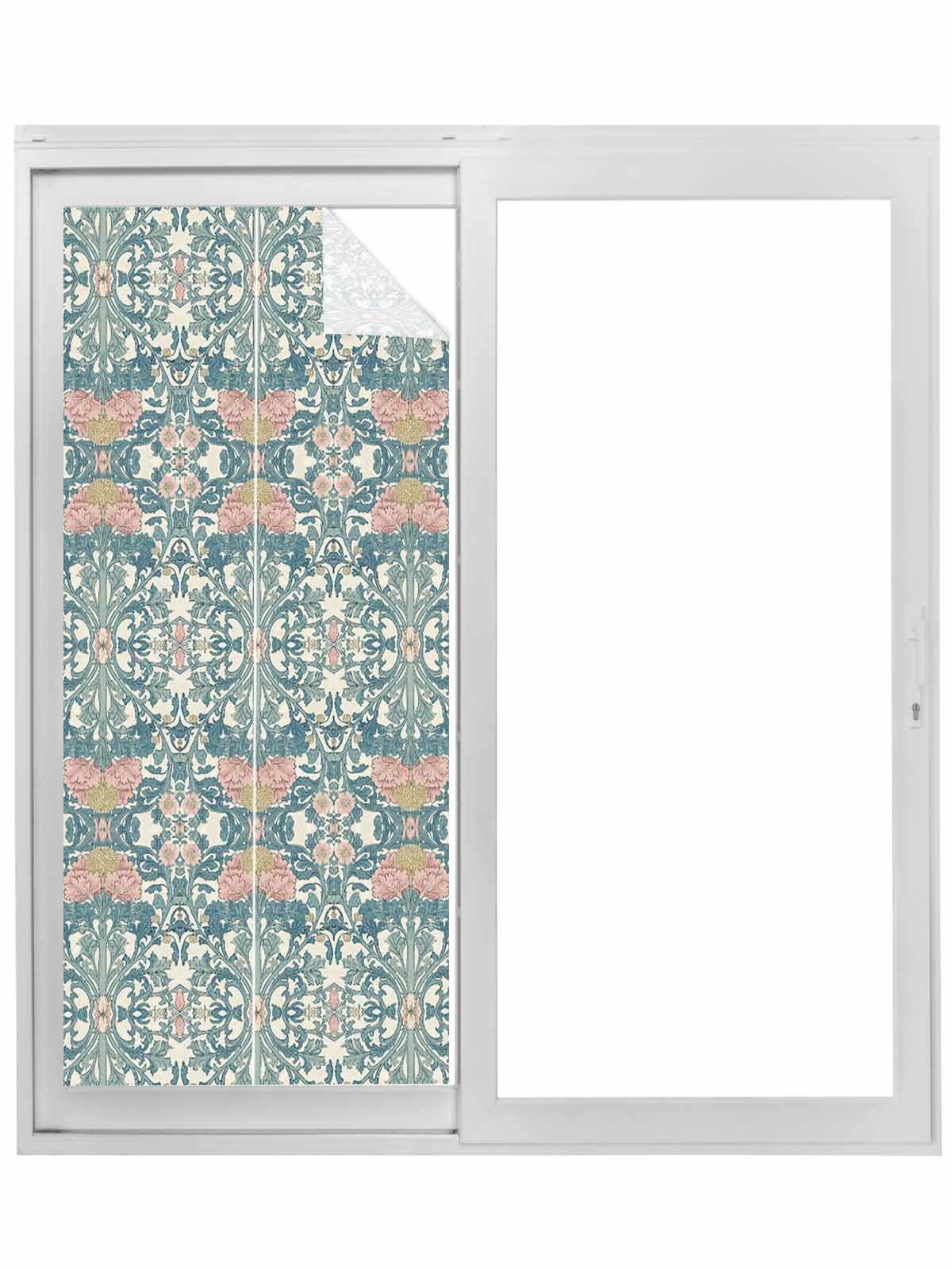 Teal Pink Window Privacy Film, Vintage Floral Watercolor Boho Ethnic ...