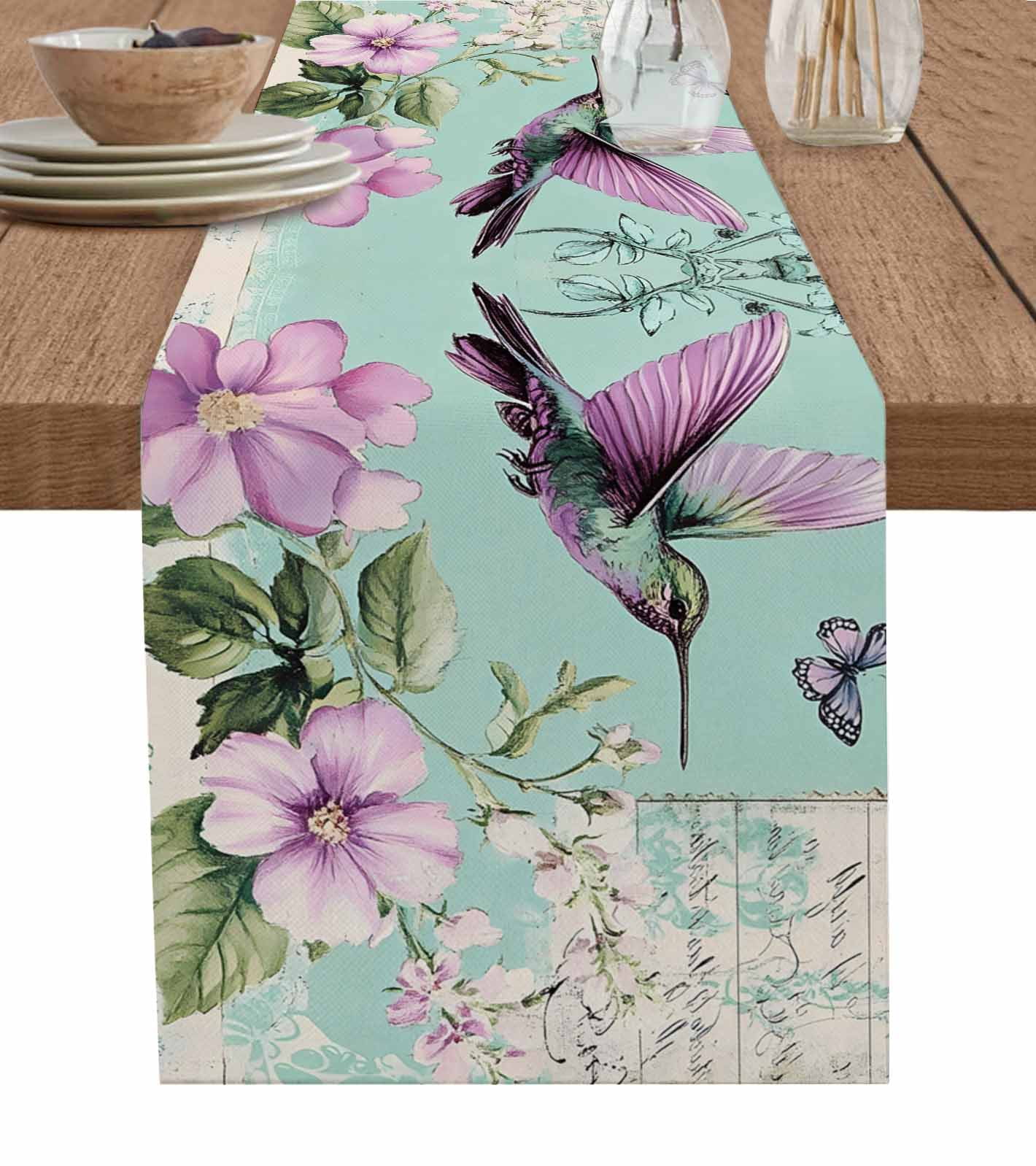 Teal Purple Bird Floral Burlap Cotton Table Runner 13x48 Inches Long ...