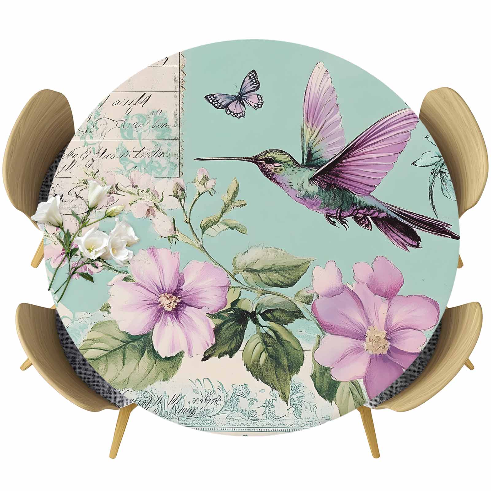 Teal Purple Bird Floral Round Tablecloth 36-44 Inch Round Fitted Table ...