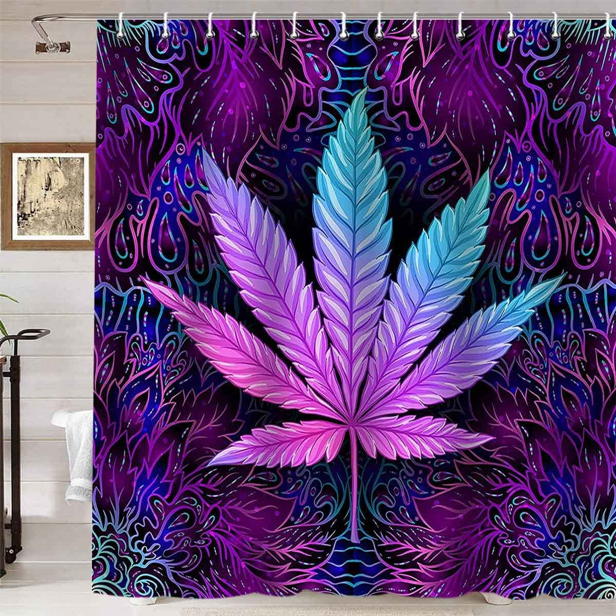 Teal Purple Leaf Shower Curtain, Trippy Weed Exotic Hippie Bathroom ...