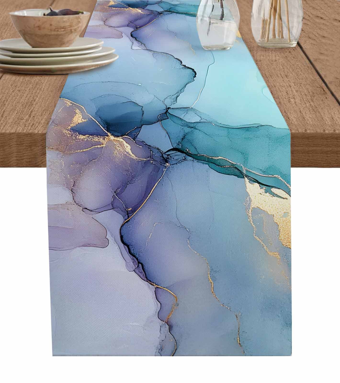 Teal Purple Marble Table Runner - 72 Inch Long, Kitchen Dining Table Runner Dresser Scarves ...