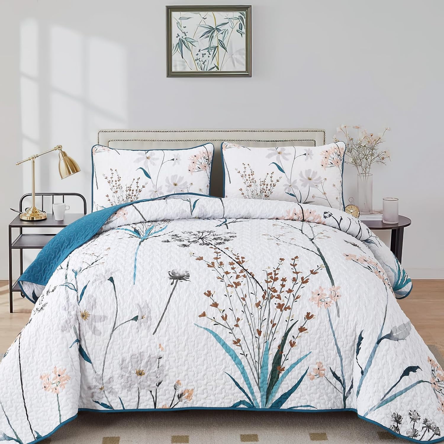 Teal Quilt Queen Size Floral Botanical Queen Quilt Bedding Set 3 Pieces ...