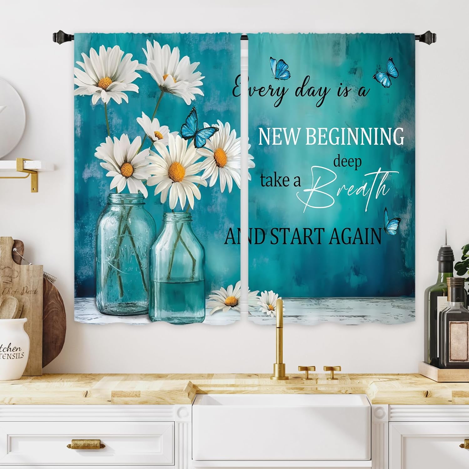 Teal Quotes Daisy Kitchen Curtains 2 Panels 27.5W x 39H Rod Pocket ...