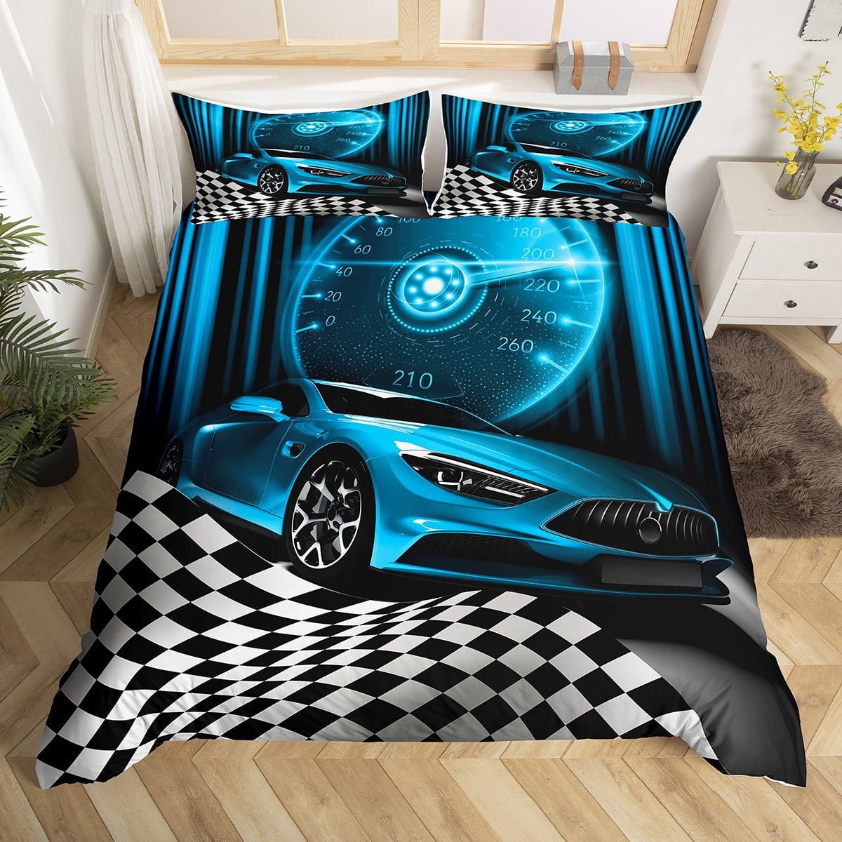 Teal Race Car Bedding Sets for Toddler Boys,Glitter Ombre Line Art ...