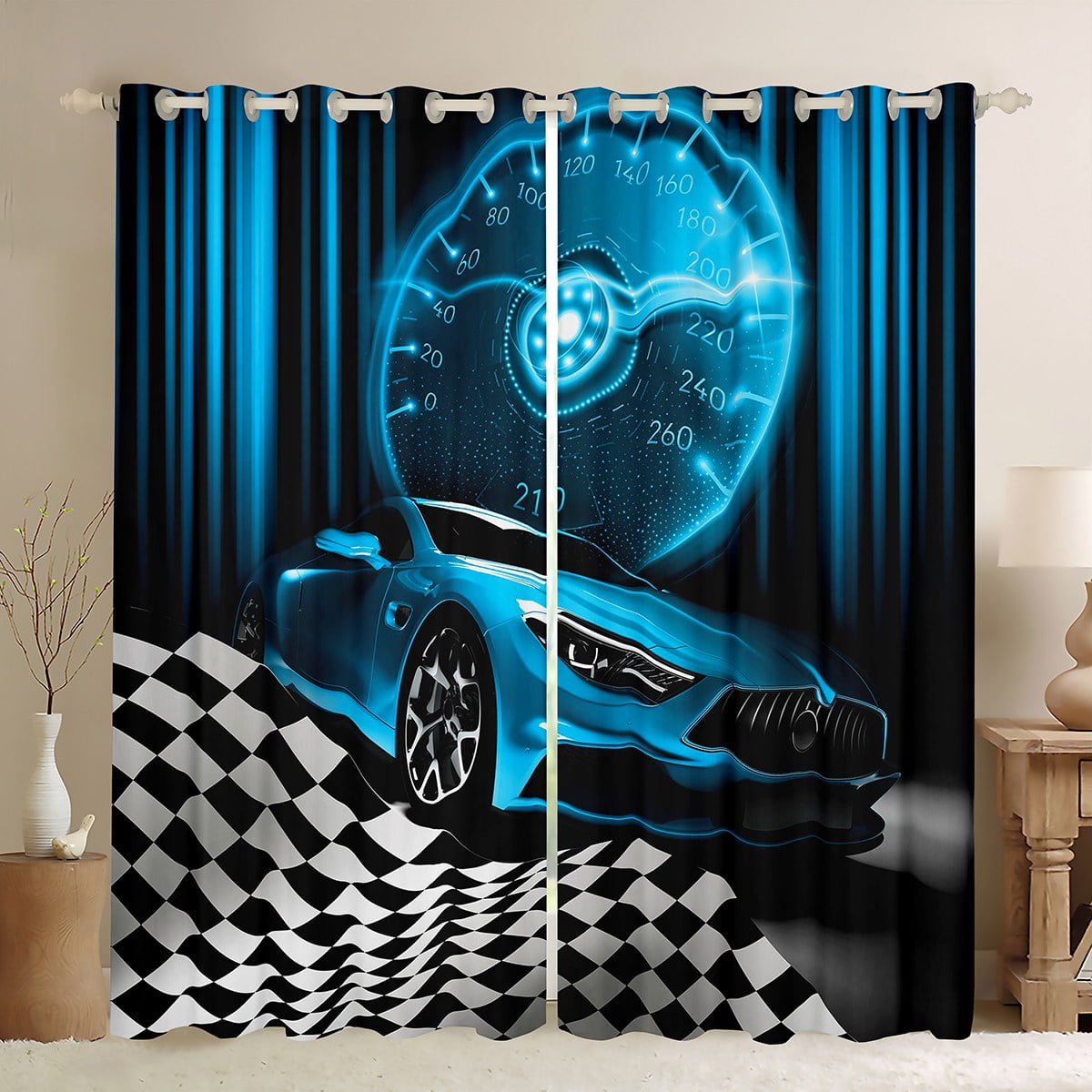 Teal Race Car Curtains & Drapes,Glitter Ombre Line Art Blackout ...