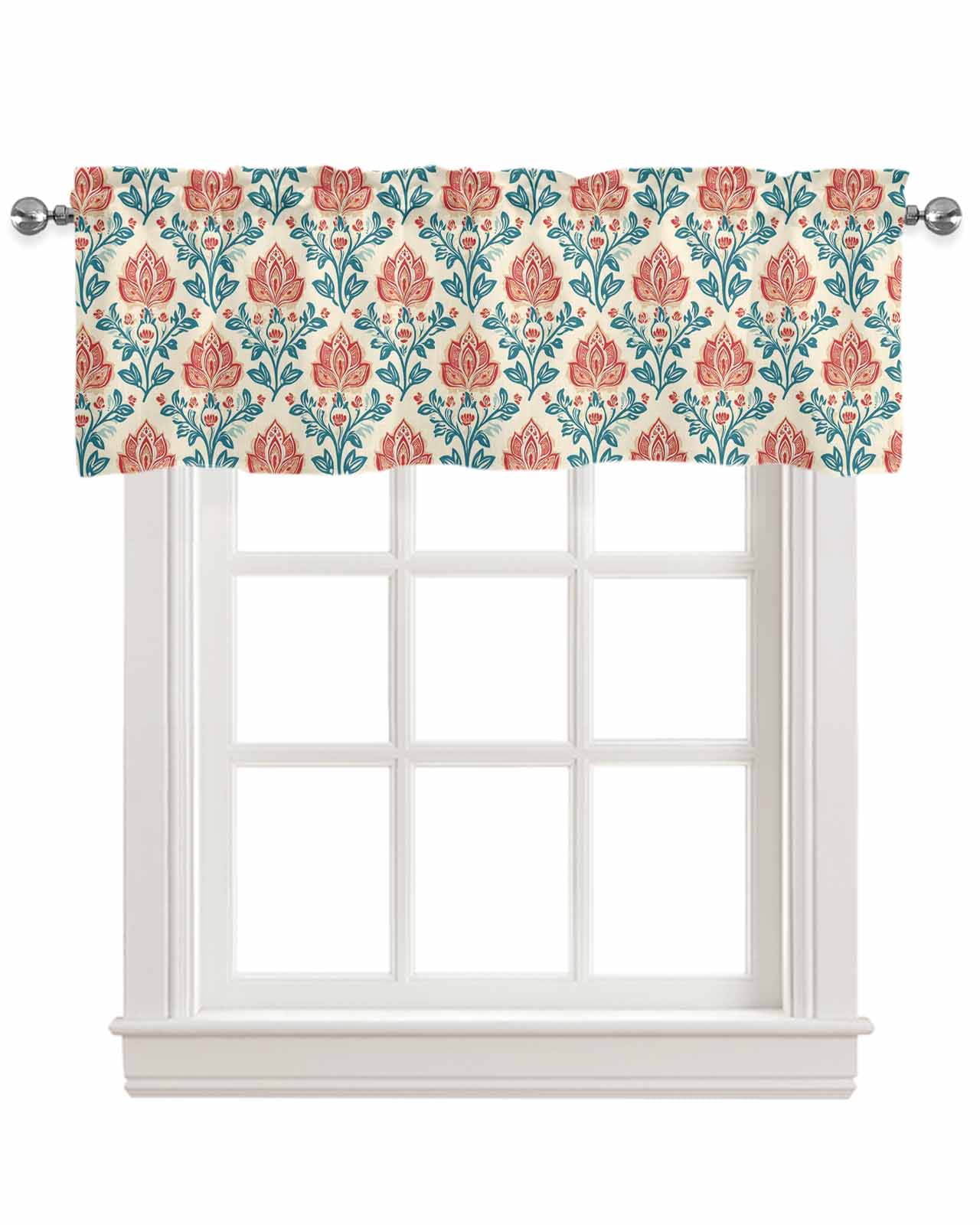 Teal Red Botanical Kitchen Valances for Windows Farmhouse Linen Window ...
