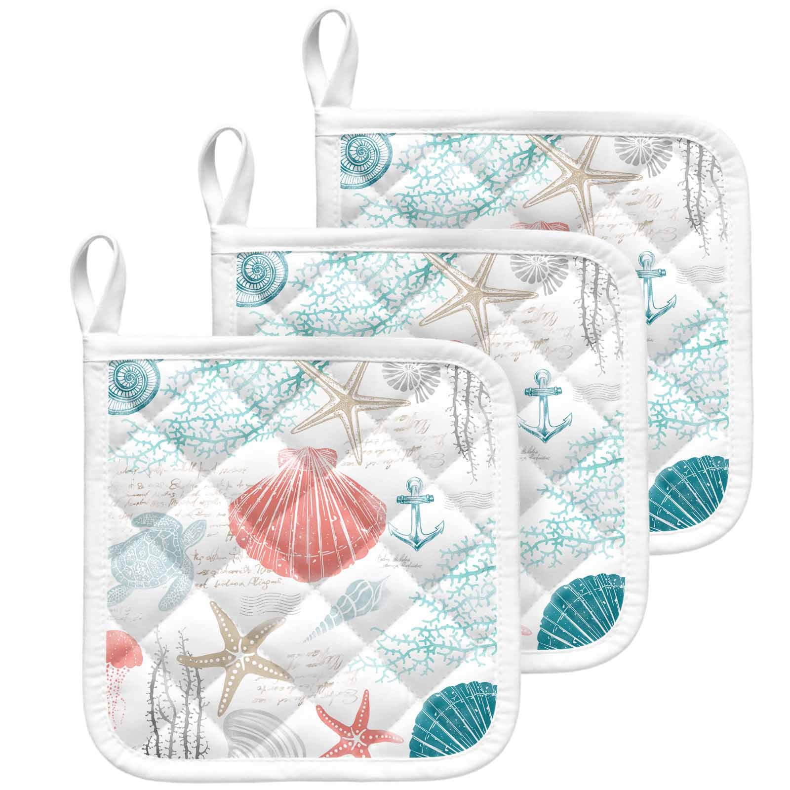 Teal Red Coastal Nautical Pot Holders for Kitchen Heatproof Potholder ...