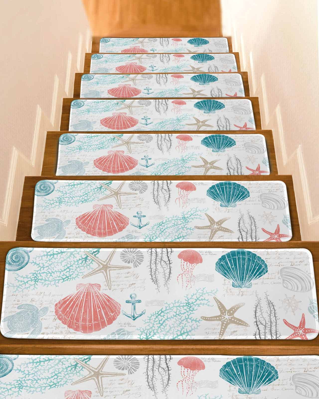 Teal Red Coastal Nautical Stair Treads for Wooden Steps Indoor Runner ...
