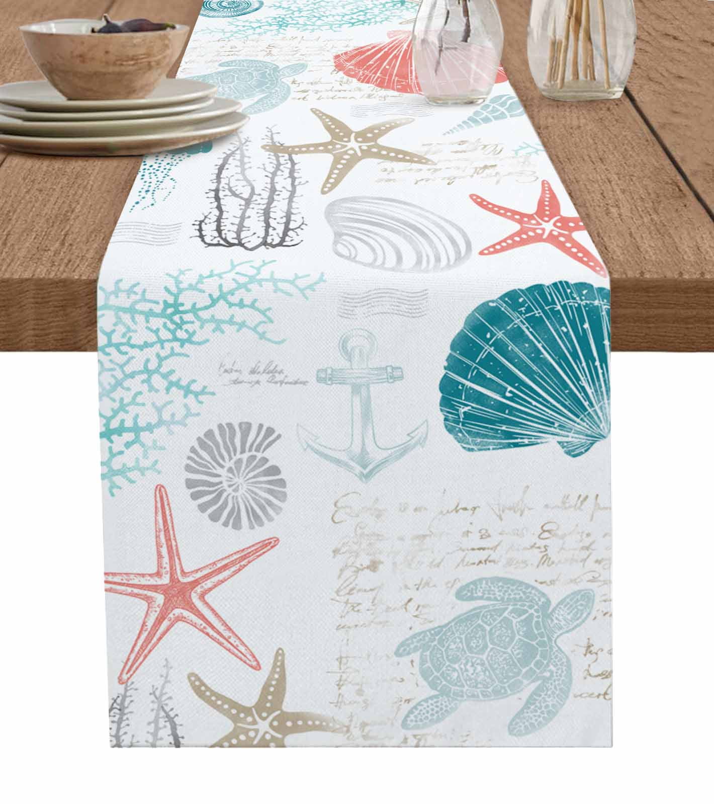 Teal Red Coastal Nautical Table Runner Beach Sea Turtle Ocean Coral ...