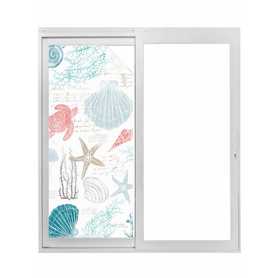 Teal Red Coastal Nautical Window Privacy Film, Beach Sea Turtle Ocean ...