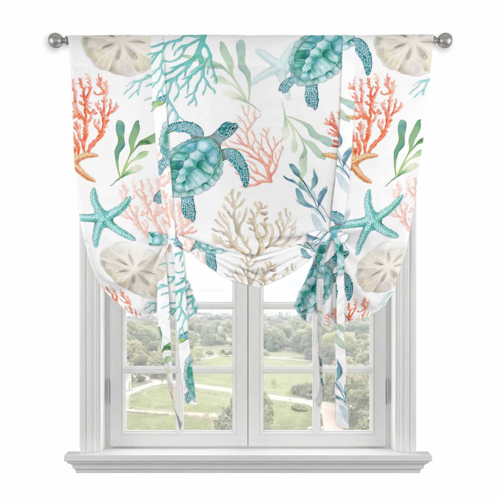 Teal Red Coastal Tie Up Curtains for Windows, Adjustable Balloon Window ...