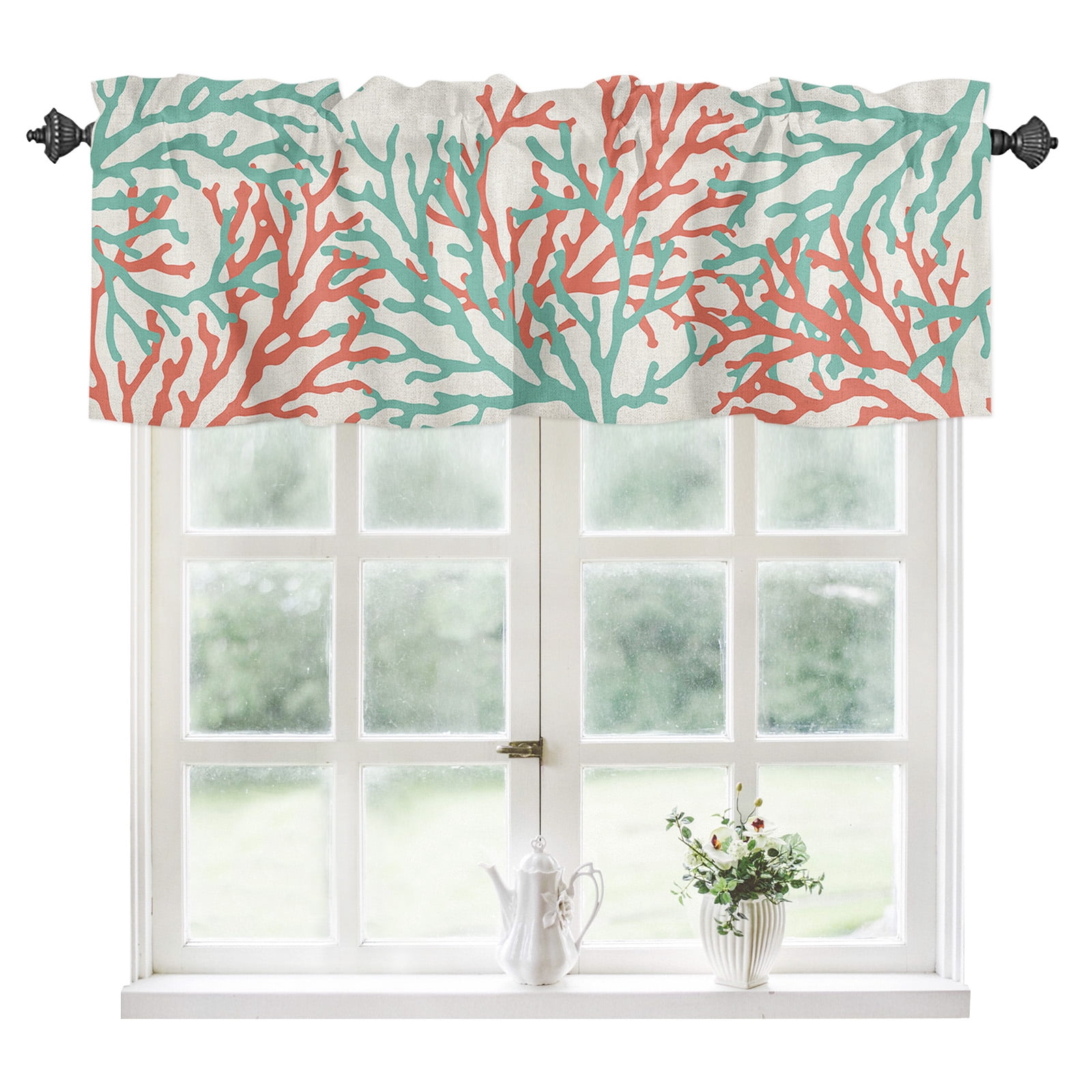 Teal Red Coral Kitchen Valances for Windows 42x12 Inch Kitchen Curtains ...