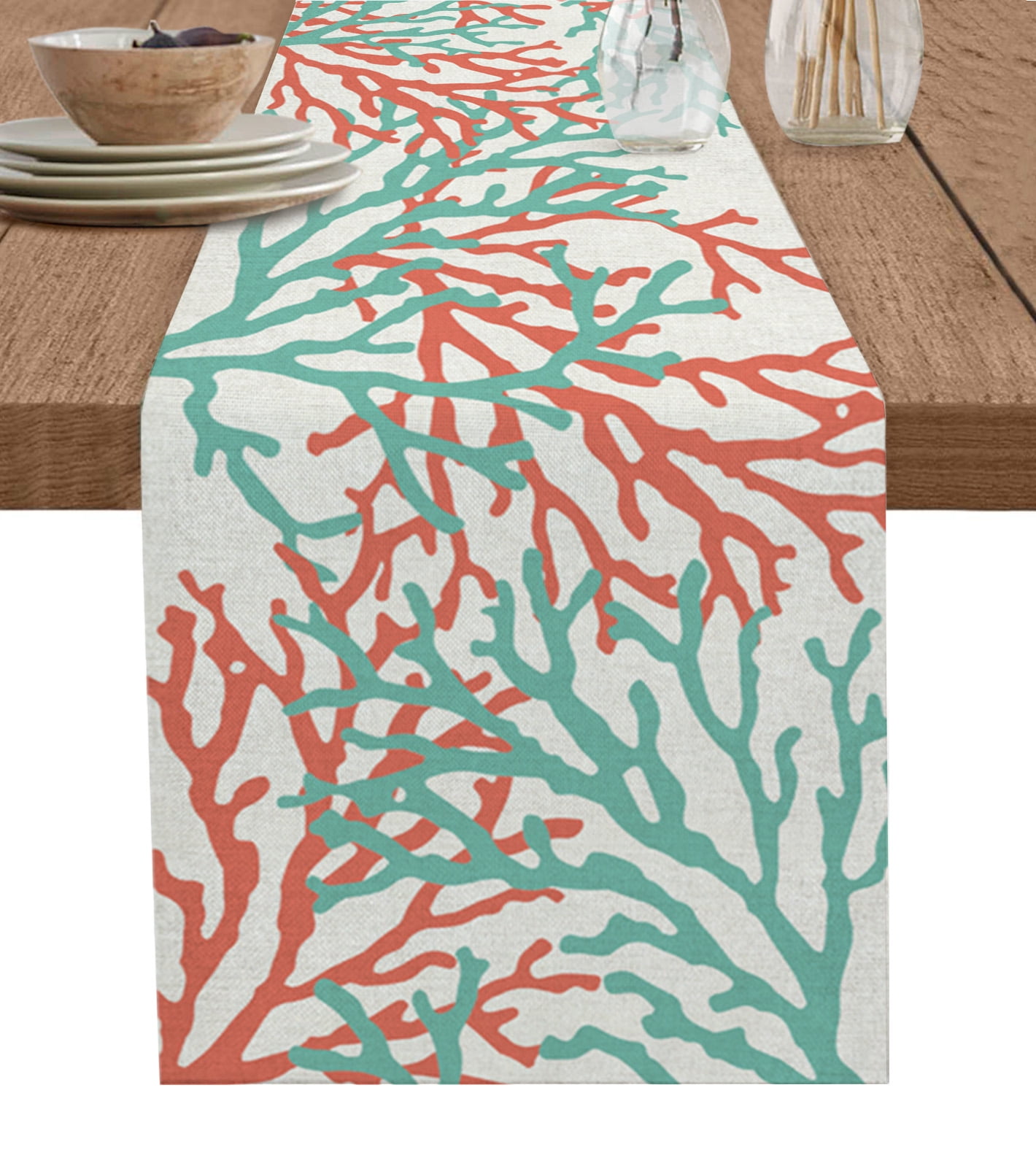 Teal Red Coral Table Runner Summer Ocean Nautical Coastal Rustic Burlap ...