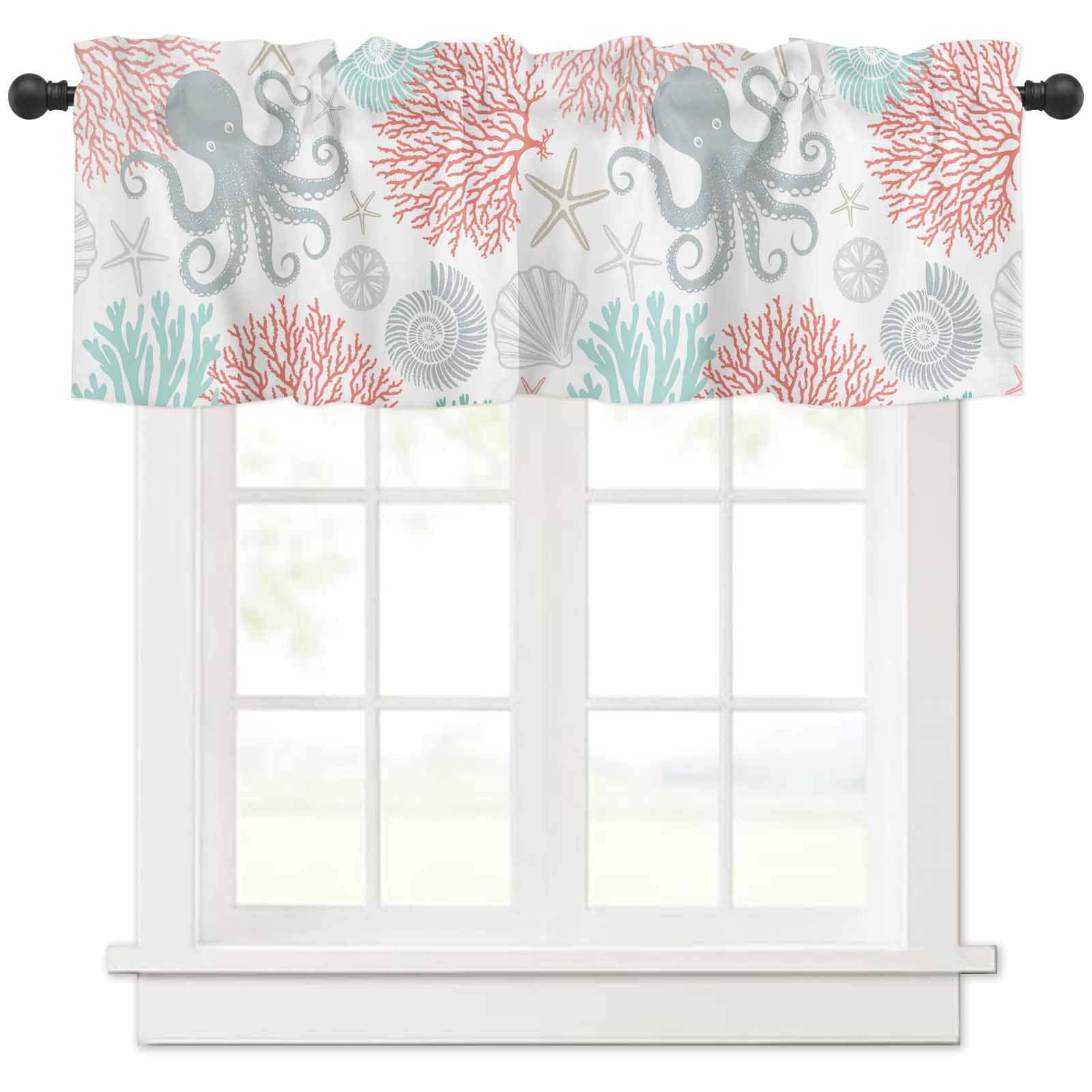 Teal Red Octopus Coastal Valances for Windows Farmhouse Kitchen ...