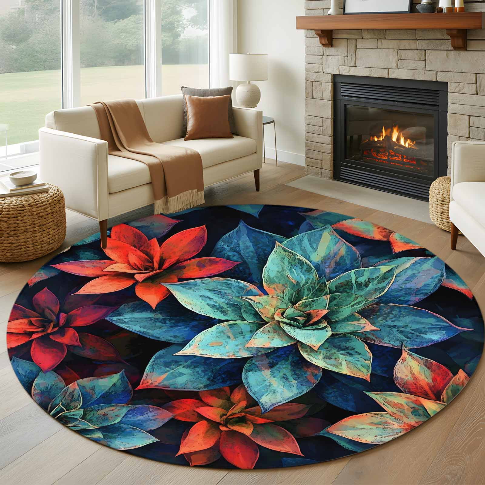 Teal Red Round Rug 5ft Washable Circle Kitchen Rugs Non Slip Modern ...
