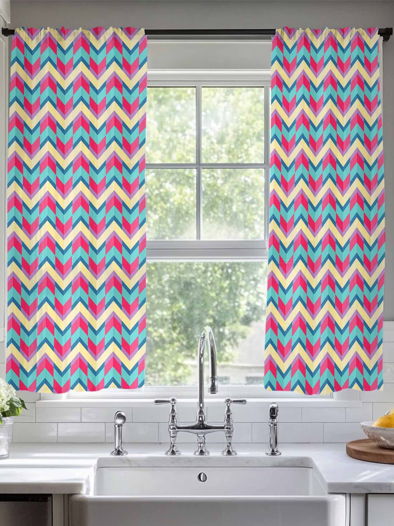 Teal Red Sheer Curtains 72 Inches Long 2 Panels Geometric Ripples ...