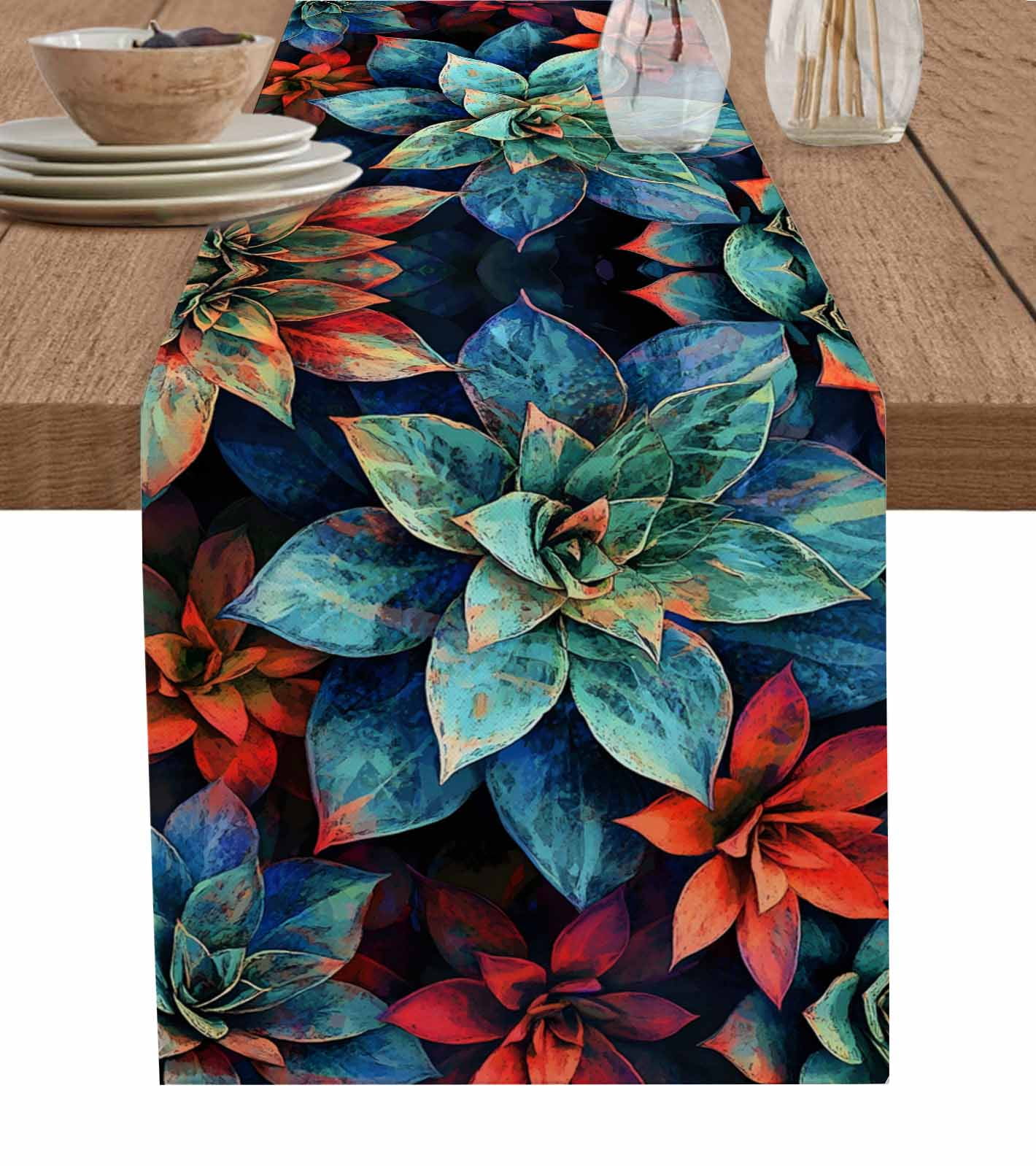 Teal Red Succulent Table Runner 72 Inches, Modern Vintage Bottom Leaves Bed Runner Dresser ...