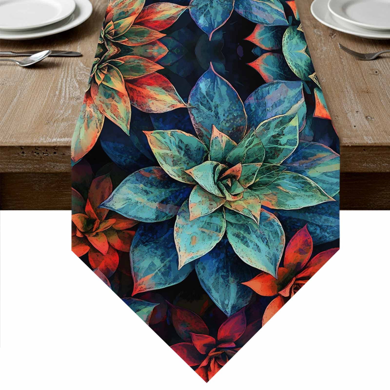 Teal Red Succulent Table Runner Linen Burlap Table Runner 90 Inches ...