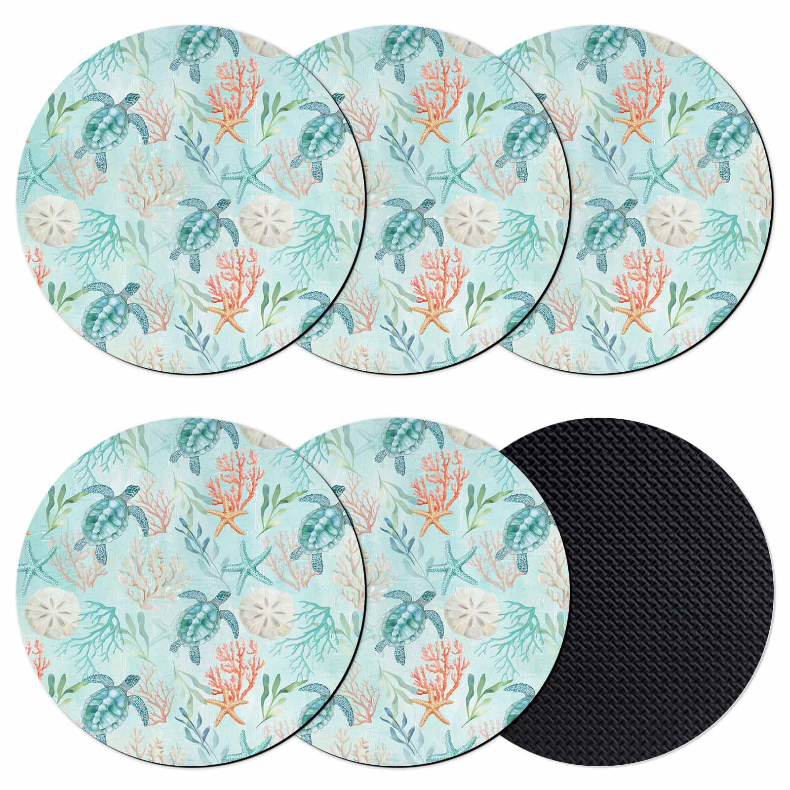 Teal Red Turtle Coastal Coasters Set of 6, Absorbent Coasters for ...