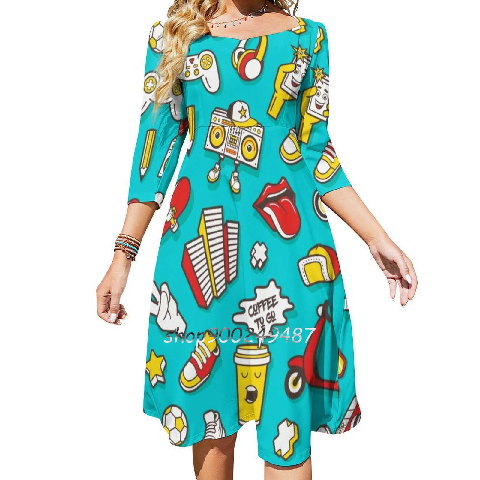 Teal Retro Street Urban Style Sweetheart Knot Flared Dress Fashion ...