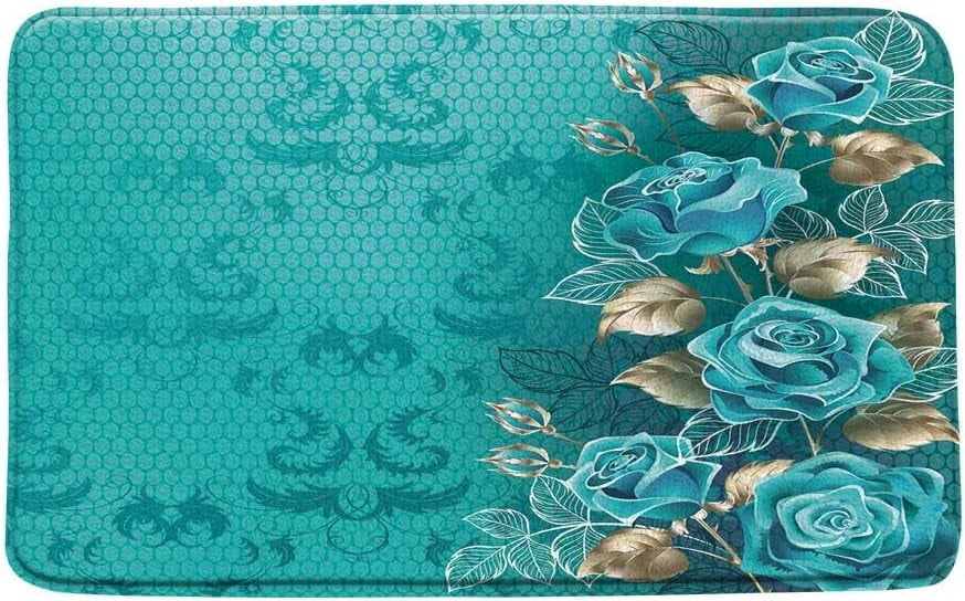 Teal Rose Bath Mat Luxurious Floral Leaves Texture Exquisite Geometric ...