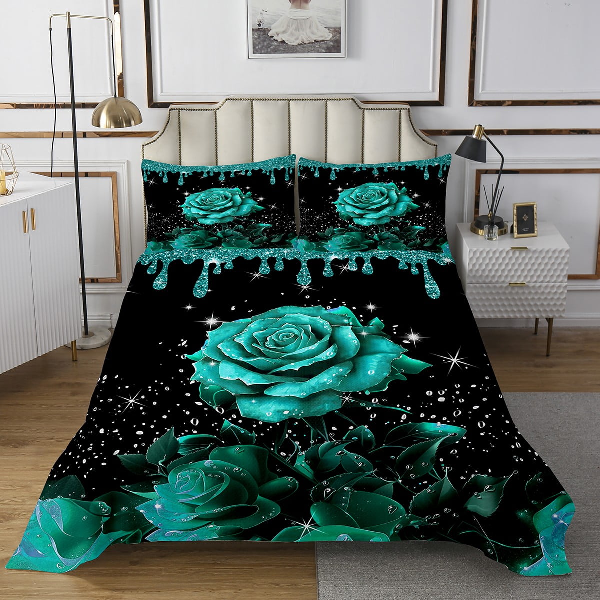Teal Rose Bedspread Set Glitter Galaxy Quilt Set King,Sequins Fluid Art ...