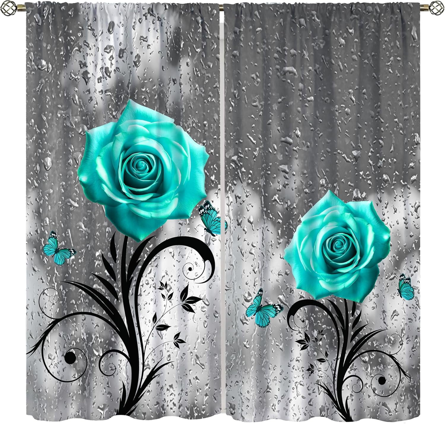 Teal Rose Curtains, Gray Raindrops Misty Glass Landscape Art Plant ...