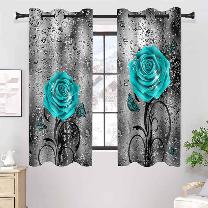 Teal Rose Print Curtains For Living Room Bedroom, Turquoise Rose Floral ...